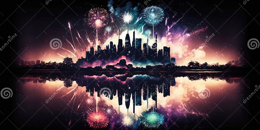 Firework Explode Over City Skyline at Night Stock Image - Image of ...