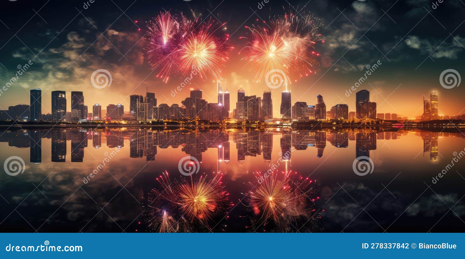 Firework Explode Over City Skyline at Night Stock Illustration ...