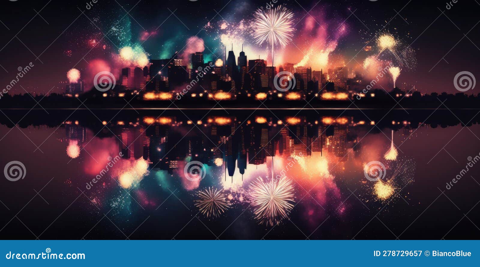 Firework Explode Over City Skyline at Night Stock Illustration ...