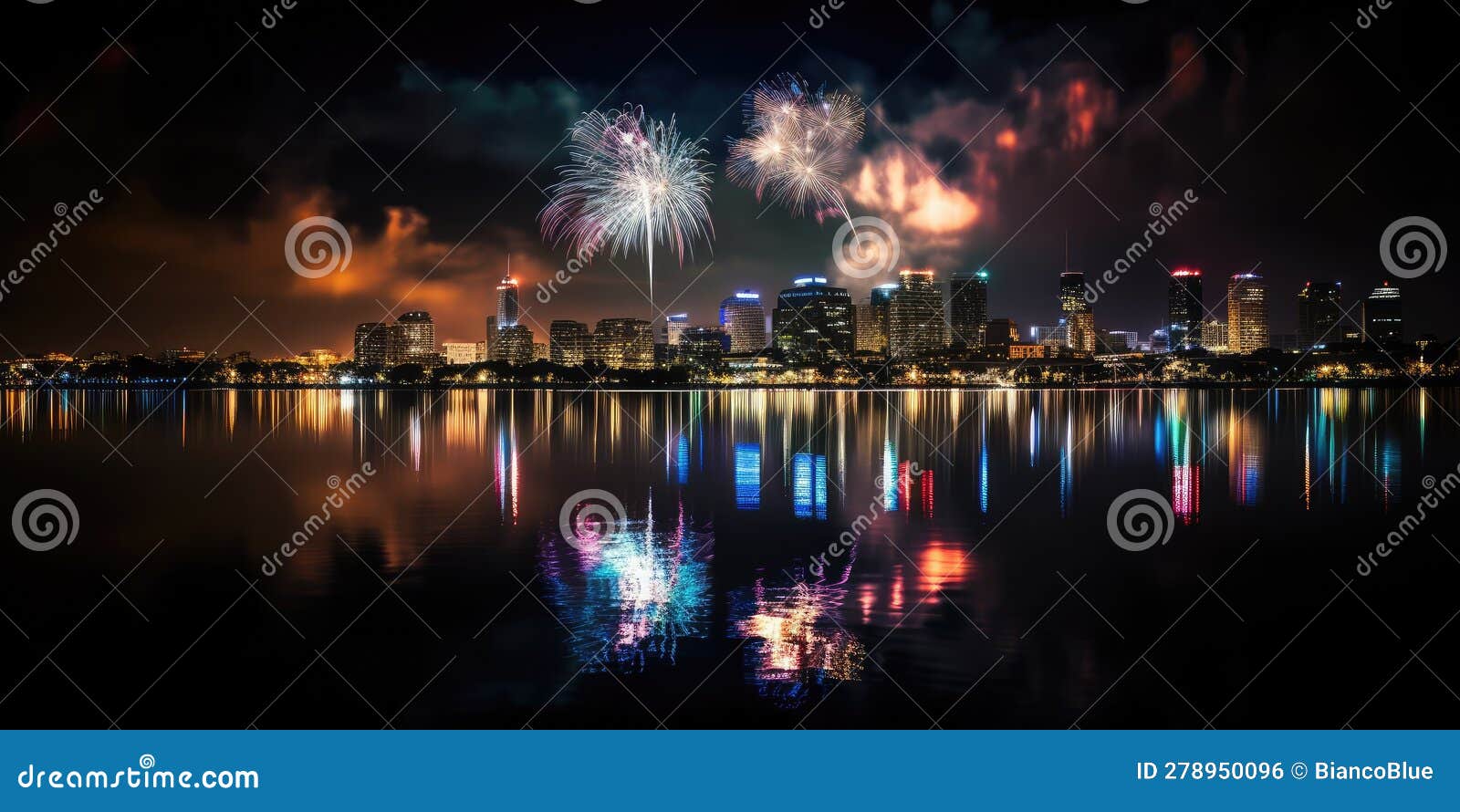 Firework Explode Over City Skyline at Night Stock Illustration ...