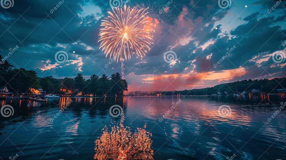 Firework Exploding Over Lake Stock Photo - Image of festival, event ...