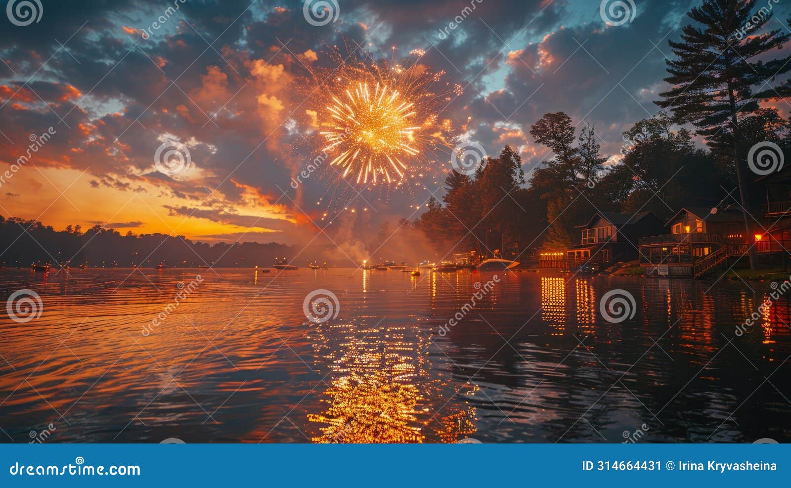 Firework Exploding Over Lake Stock Image - Image of reflection, festive ...