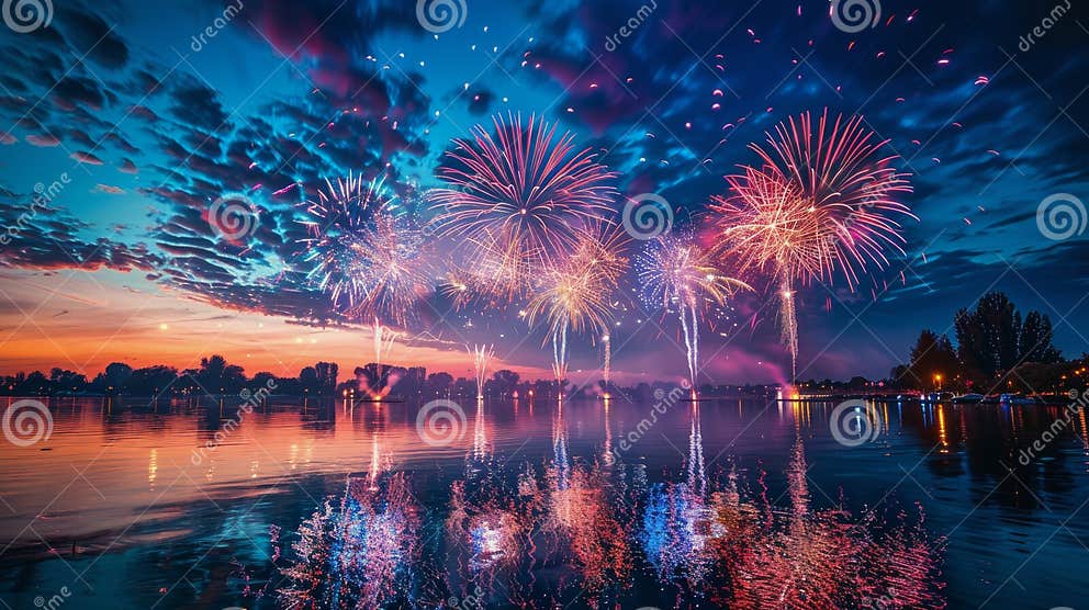 Firework Exploding Over Lake Stock Image - Image of illuminate, glowing ...