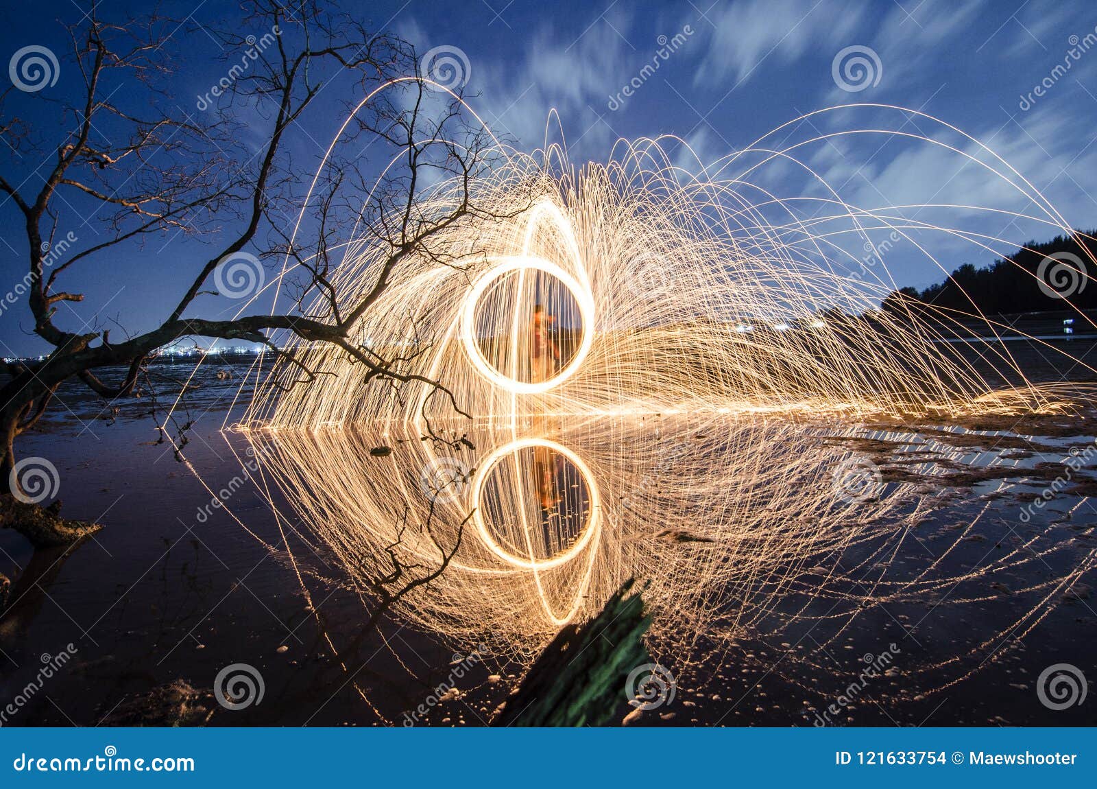 Firework and Fire Swing on Dead Tree Fourground Stock Photo - Image of ...