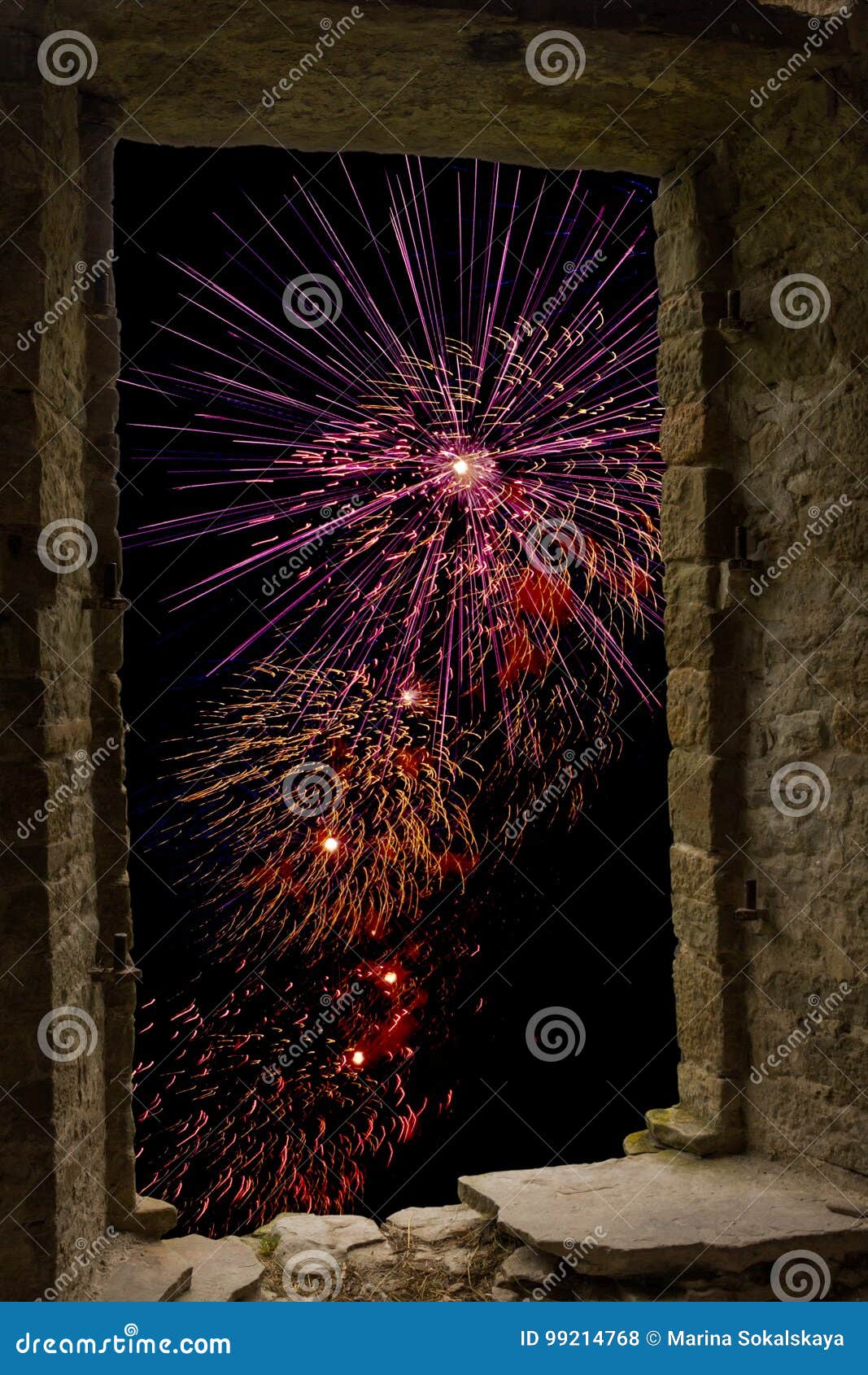 Firework Framed Stone Window Stock Photo - Image of firework, flashes ...