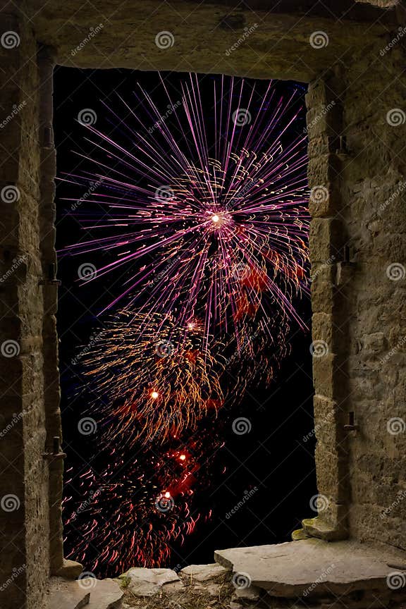 Firework Framed Stone Window Stock Photo - Image of firework, flashes ...