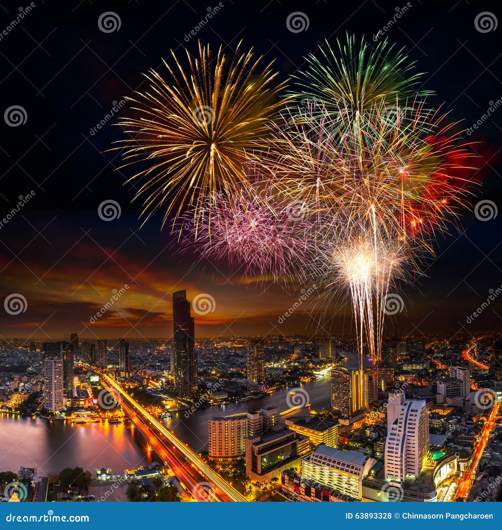 Firework over the city stock photo. Image of metropolis - 63893328