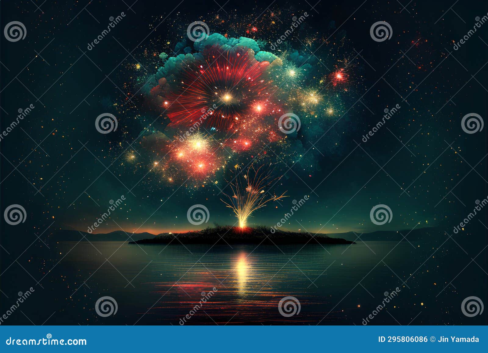 Firework Over the Sea with Reflection on the Water, Vector Illustration ...