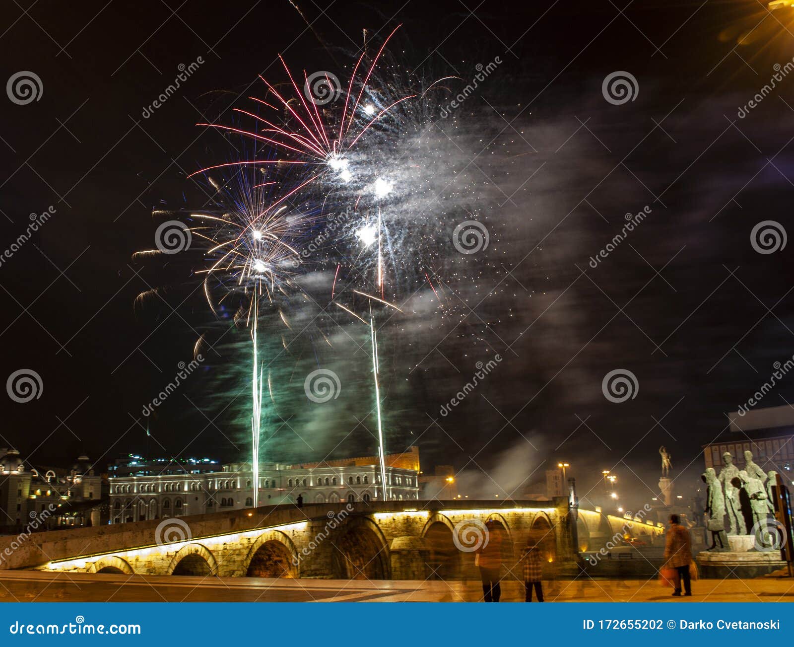 Firework Over the Stone Bridge Stock Photo - Image of explosions ...