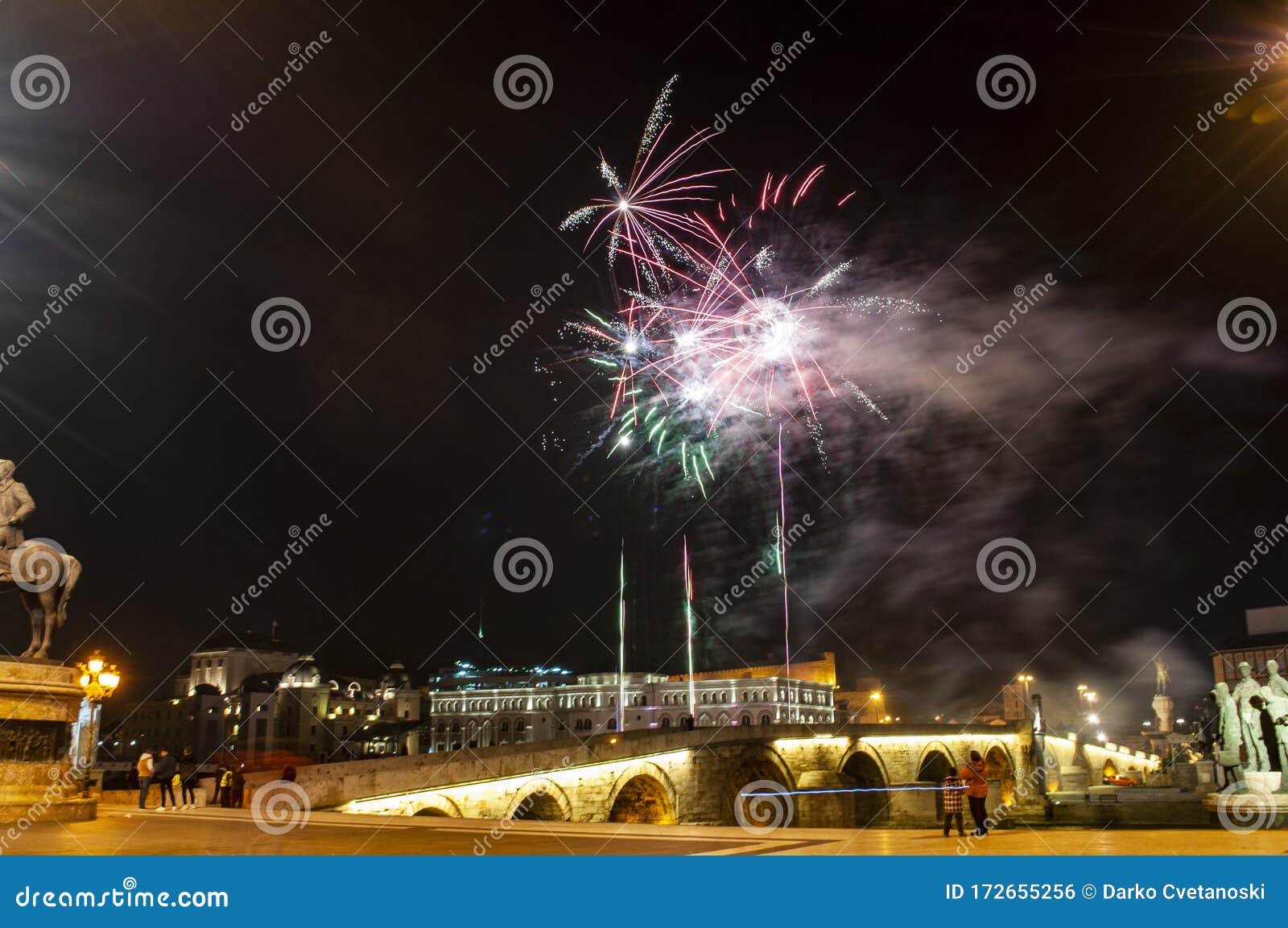 Firework Over the Stone Bridge Stock Photo - Image of celebration ...