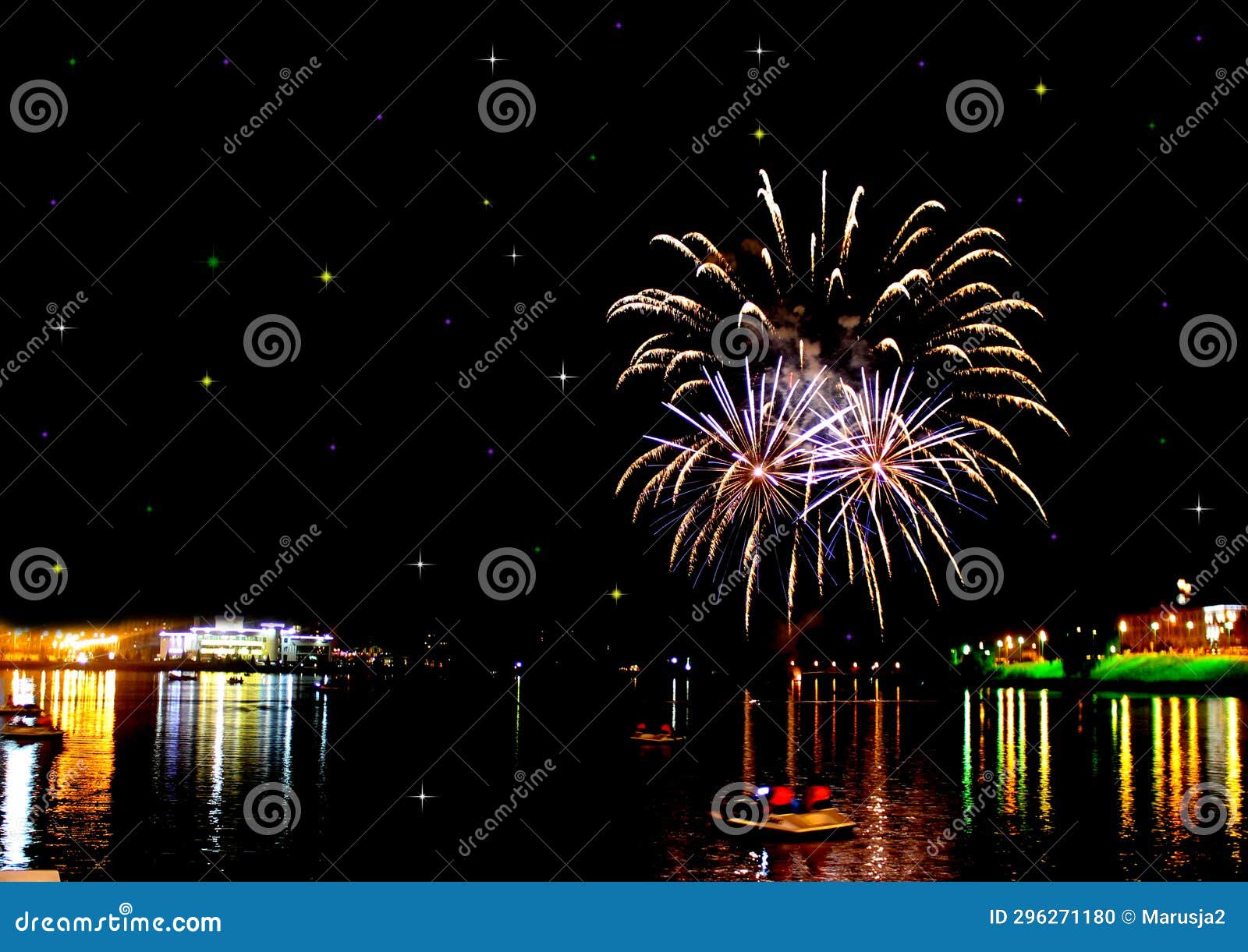 Firework over the water stock photo. Image of illusionism - 296271180
