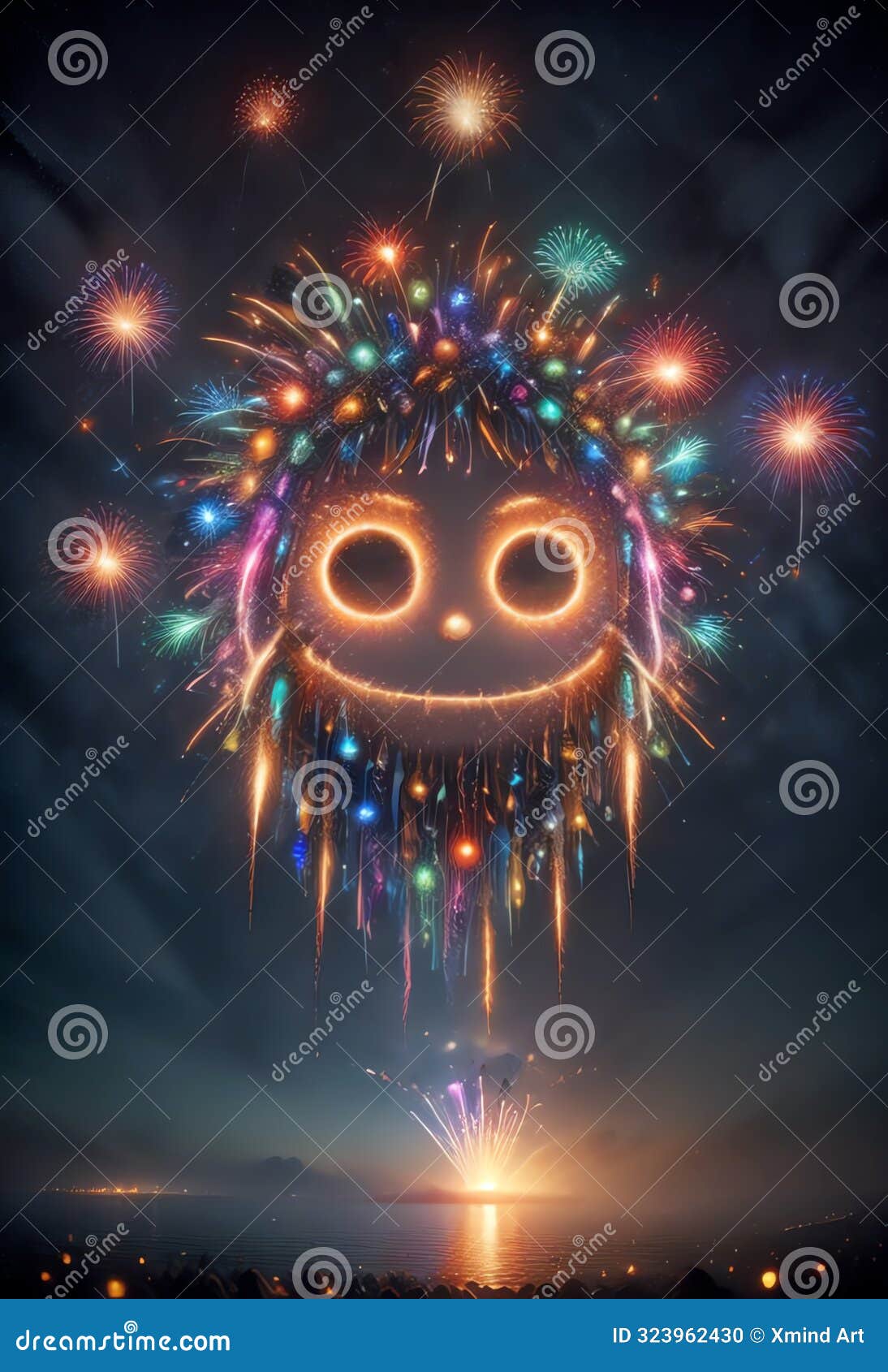 Firework Party with Smiling Face Character Stock Illustration ...