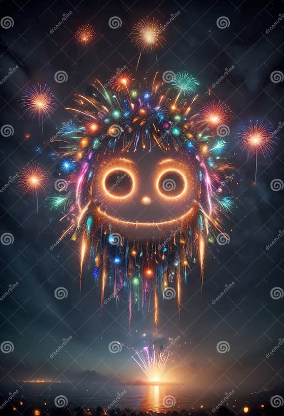 Firework Party with Smiling Face Character Stock Illustration ...