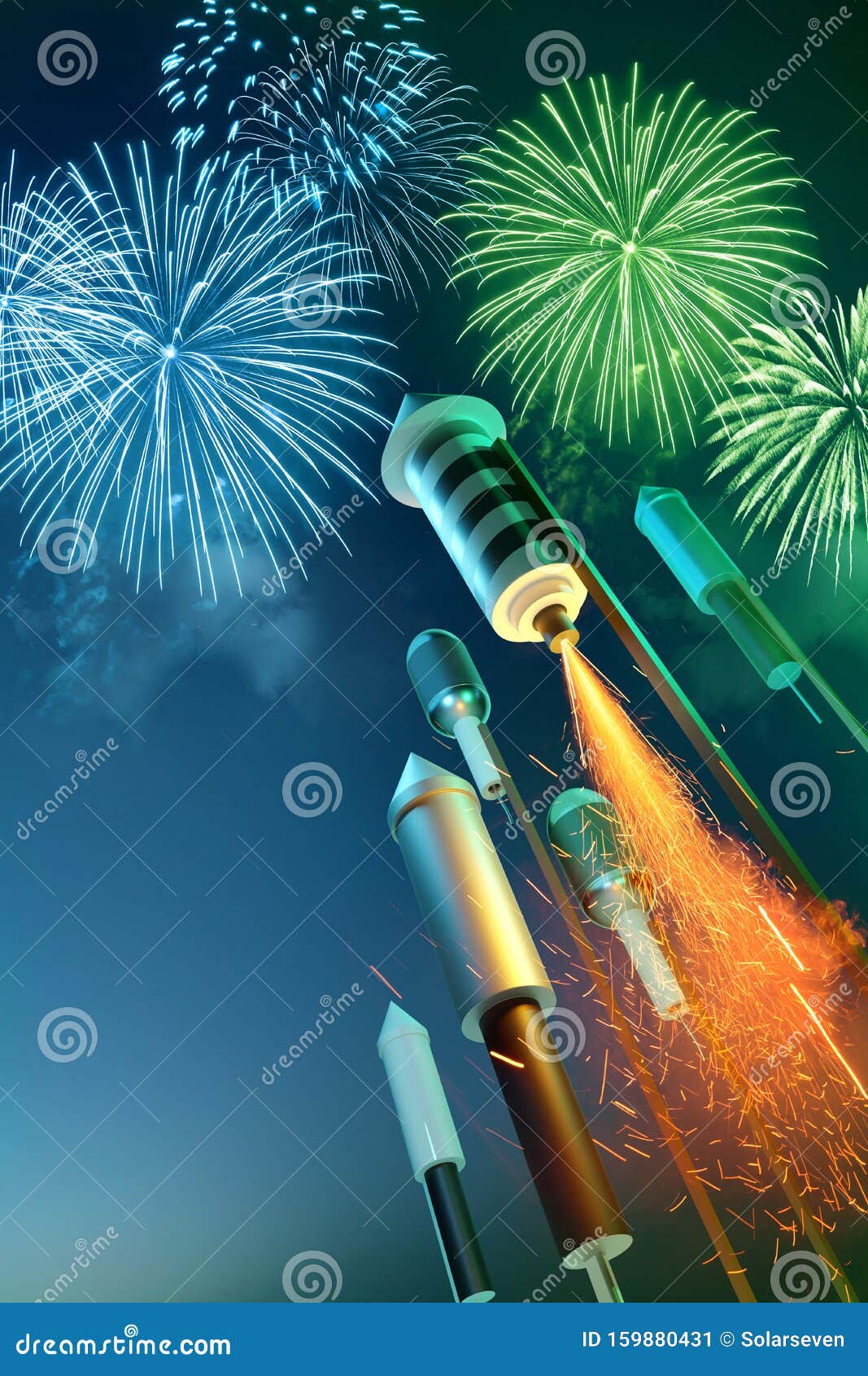 Firework Rockets Launching into the Night Sky Stock Illustration ...