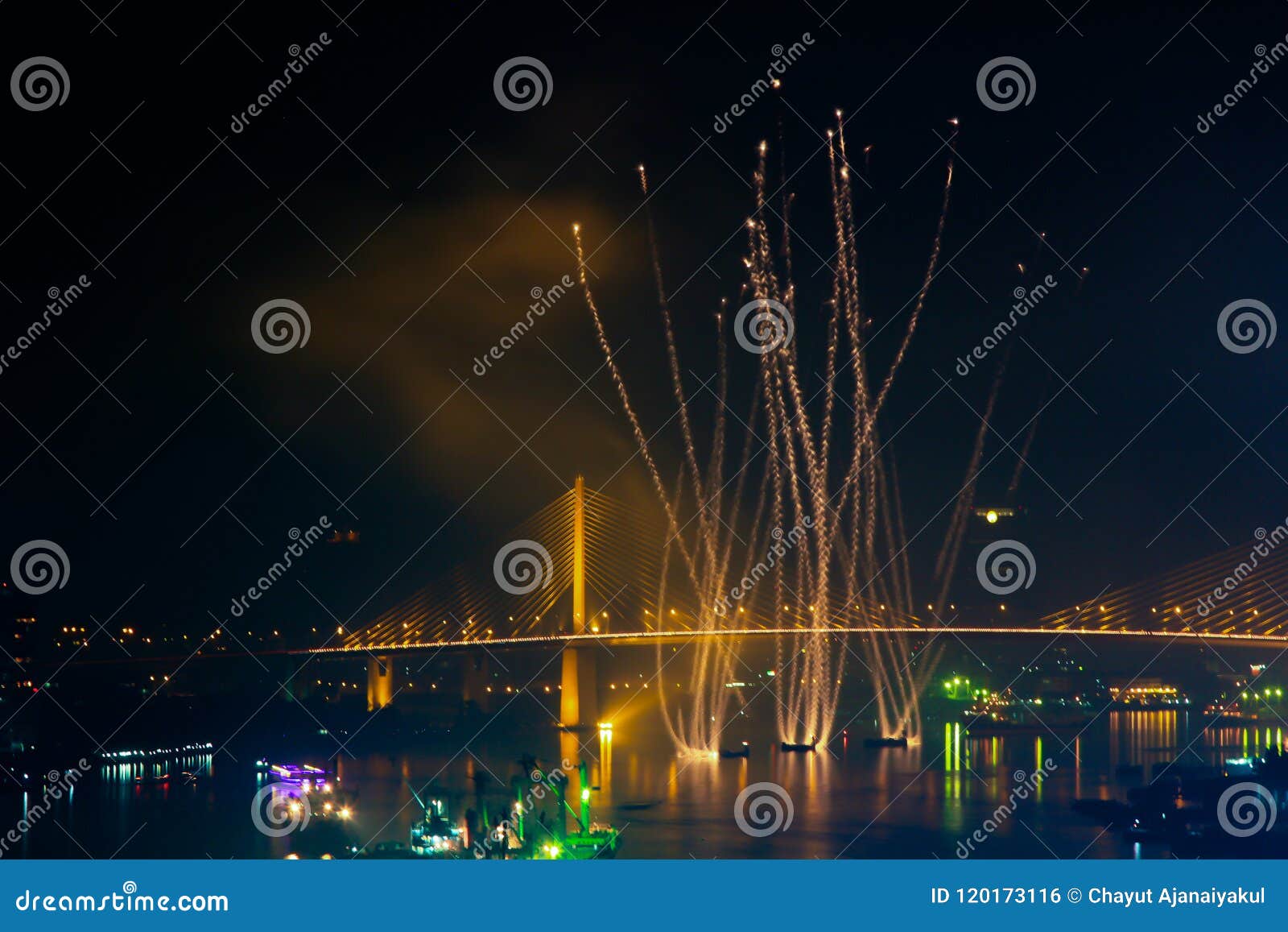 Firework with Ship in the River Stock Photo - Image of bokeh, business ...