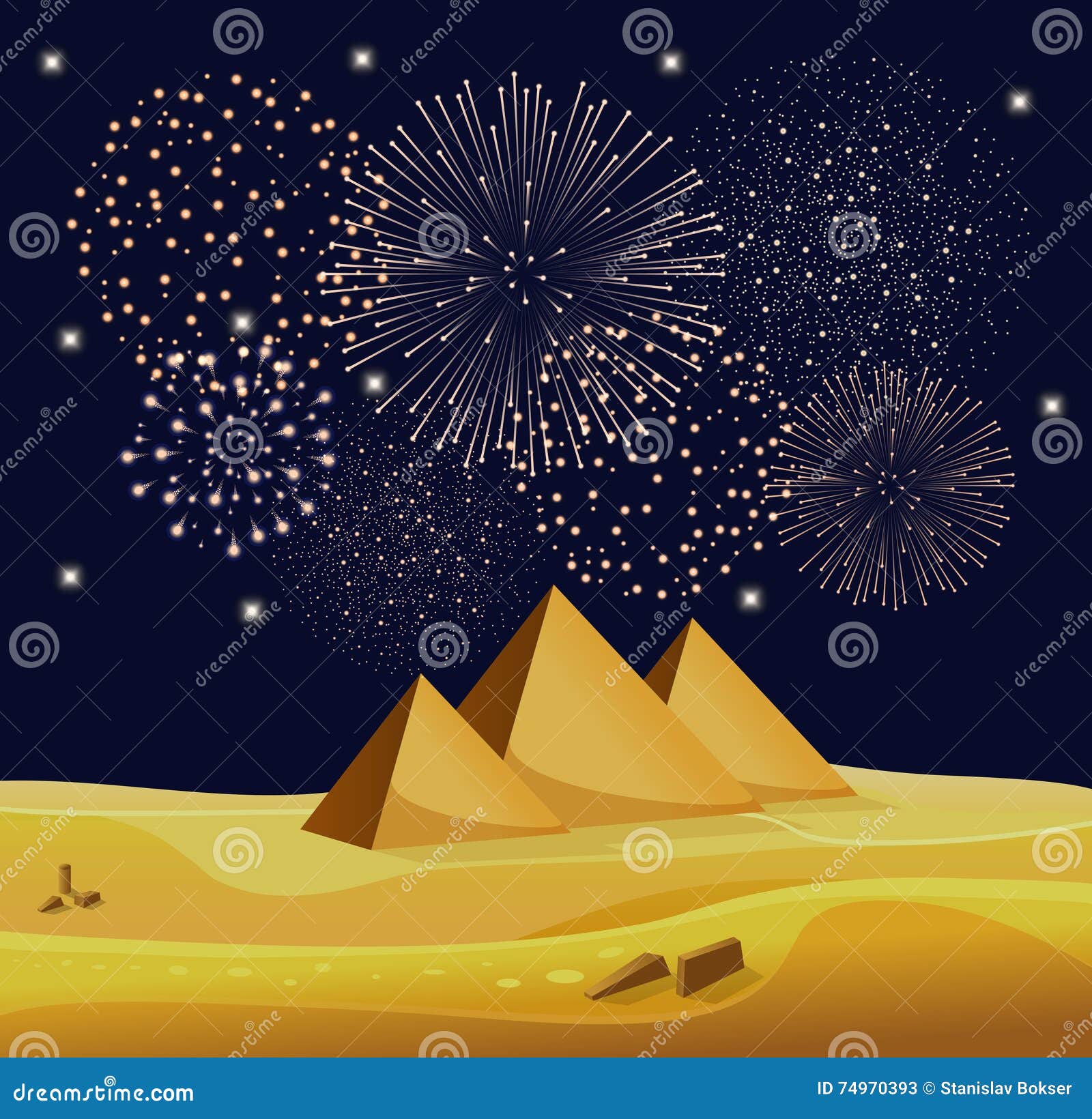Firework Show Over Egyptian Pyramids in the Desert with Star Night Sky ...