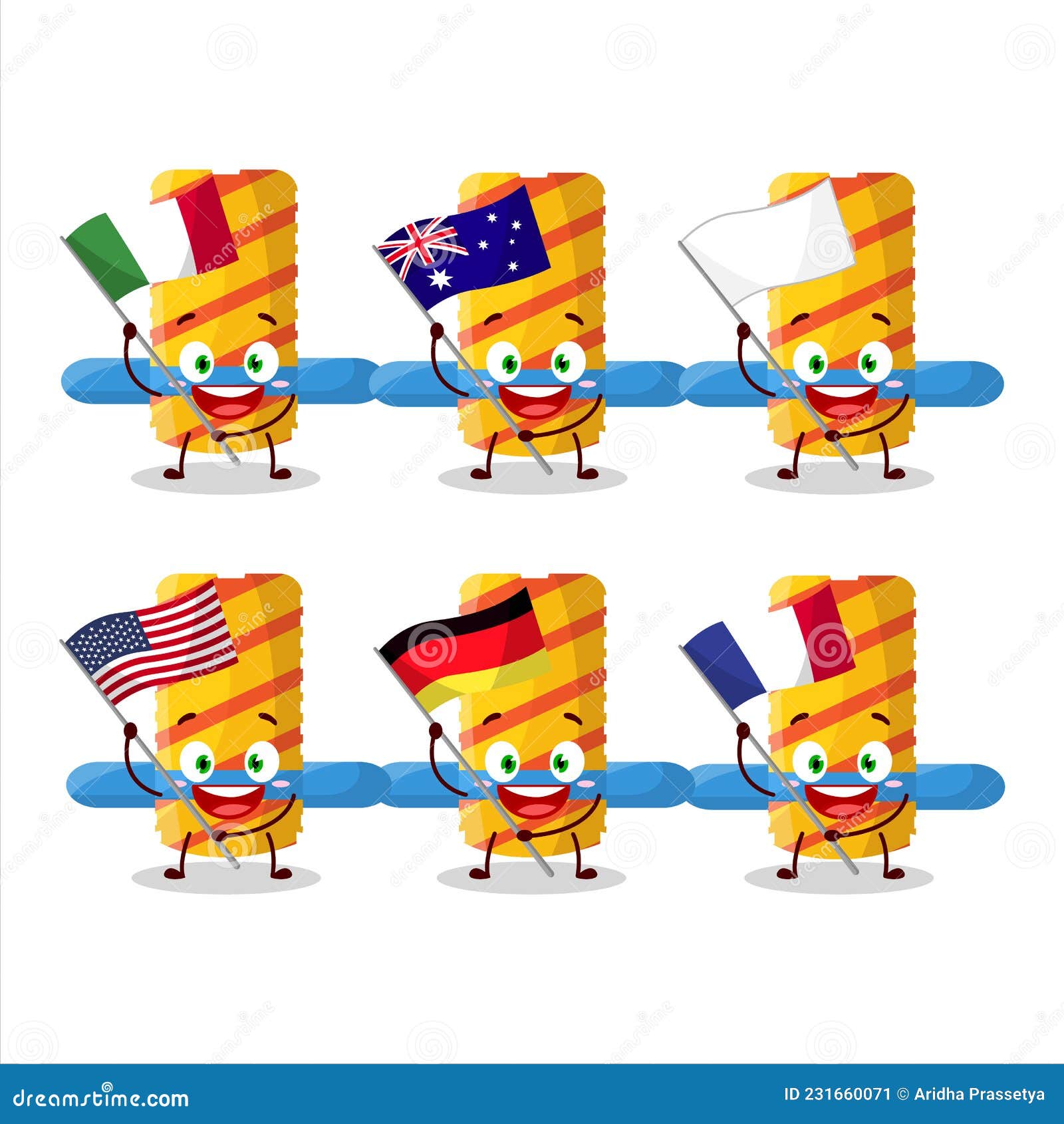 Firework Spinner Cartoon Character Bring the Flags of Various Countries ...
