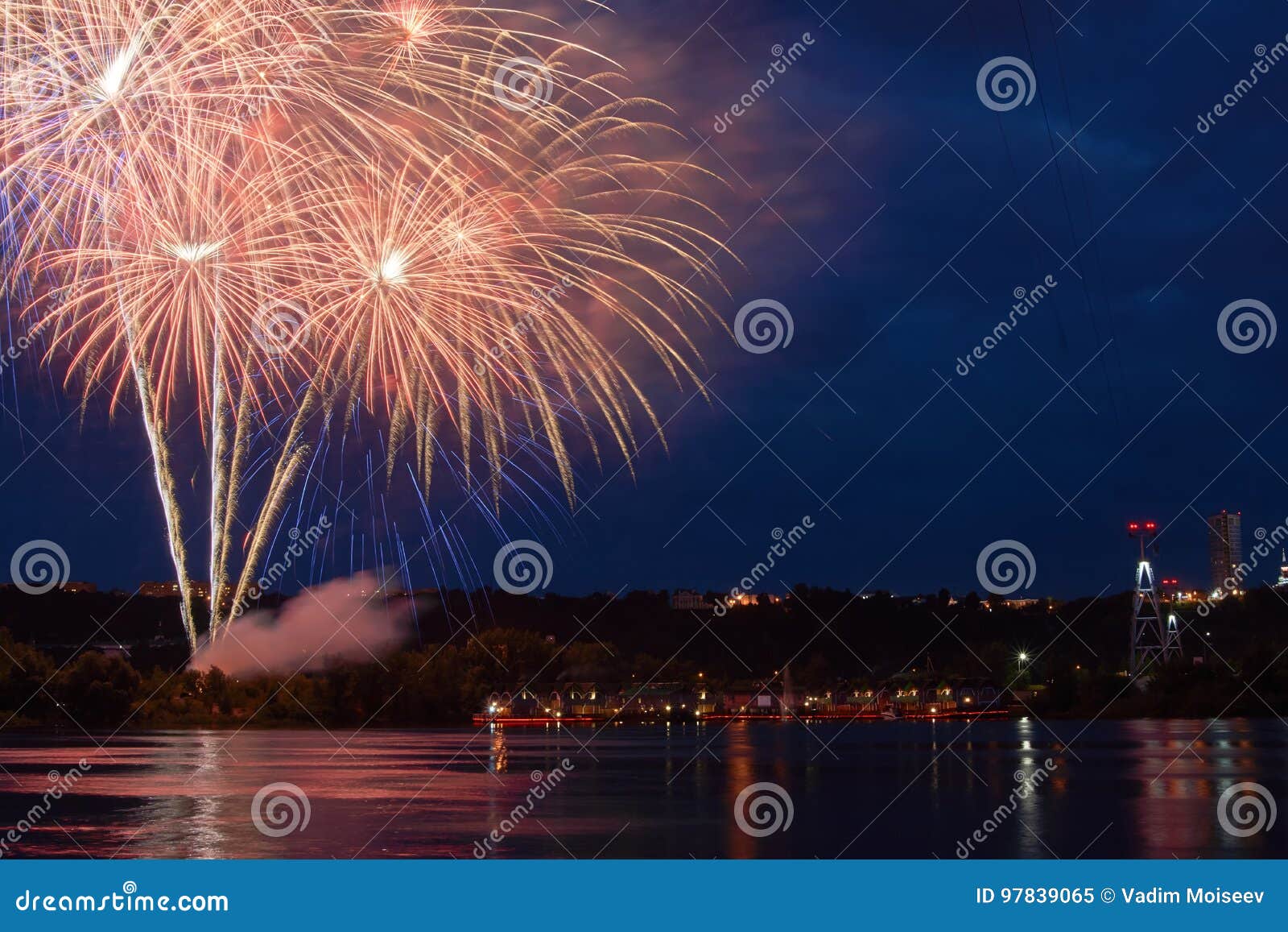 Firework on the Water in the Night City Stock Image - Image of ...