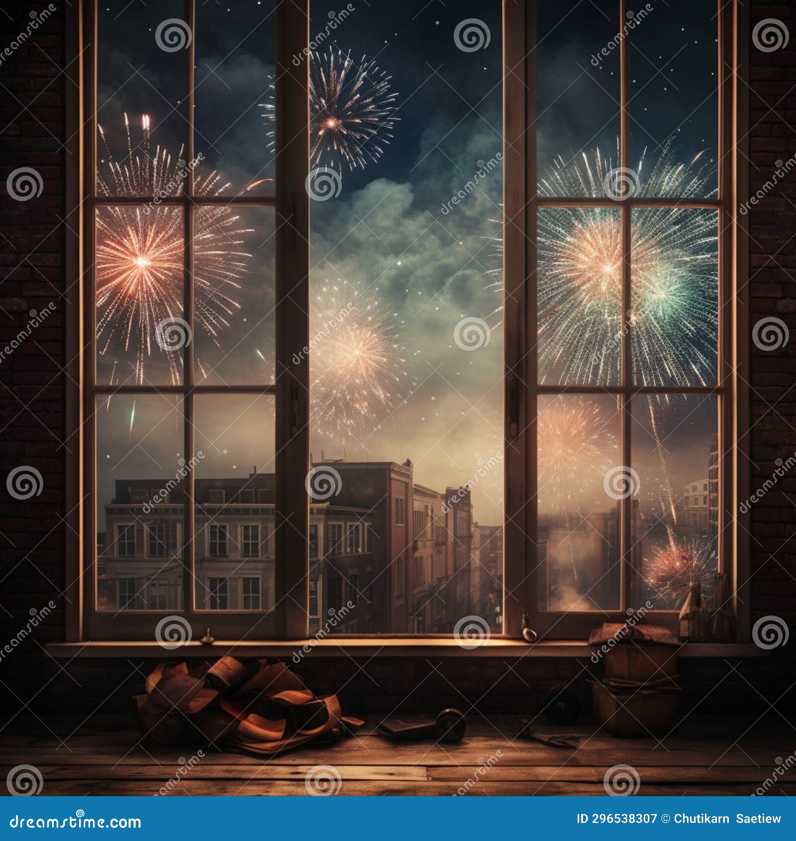 Scene of Fireworks Outside Window, AI Generated Stock Illustration ...