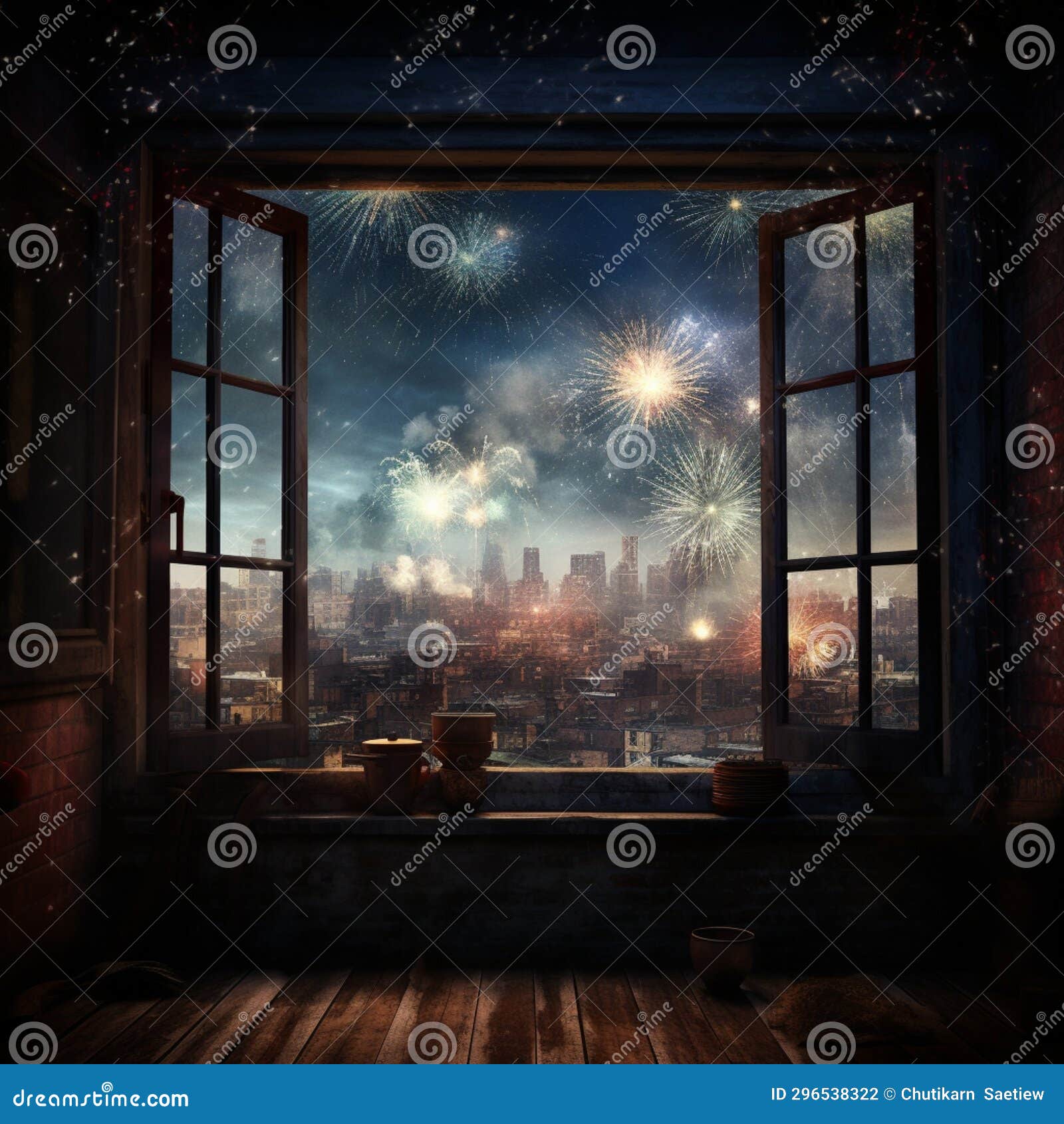 Scene of Fireworks Outside Window , AI Generated Stock Illustration ...