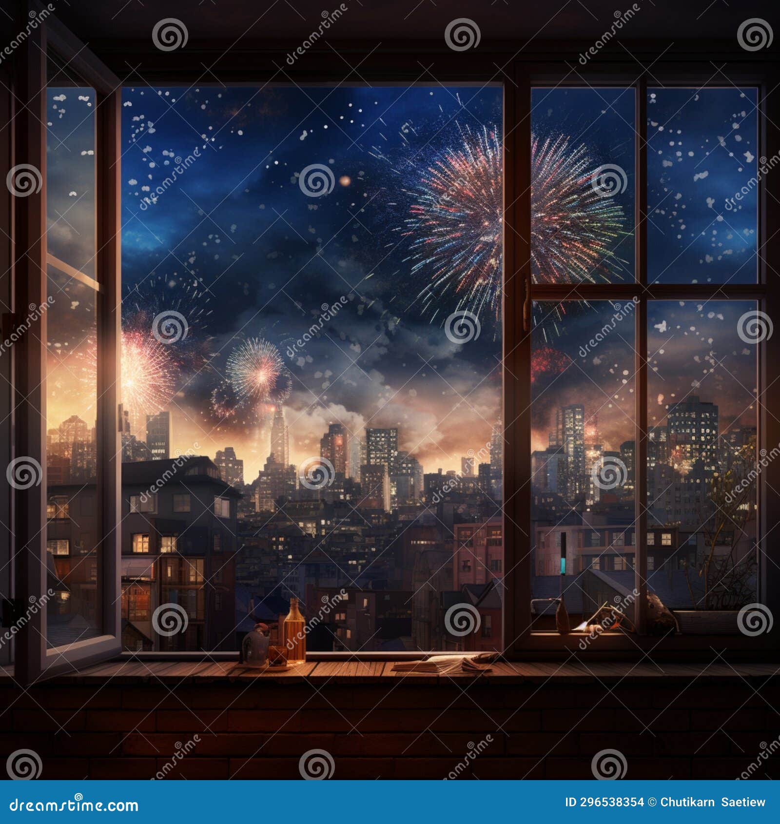 Scene of Fireworks Outside Window , AI Generated Stock Illustration ...