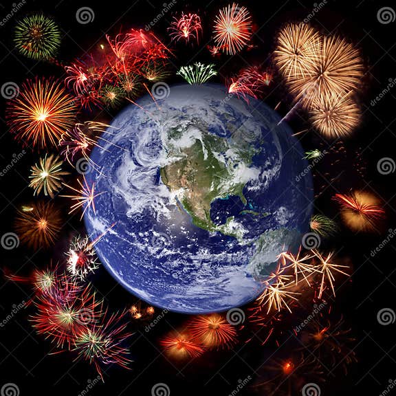 Fireworks Around Earth, Celebration Time Stock Illustration ...