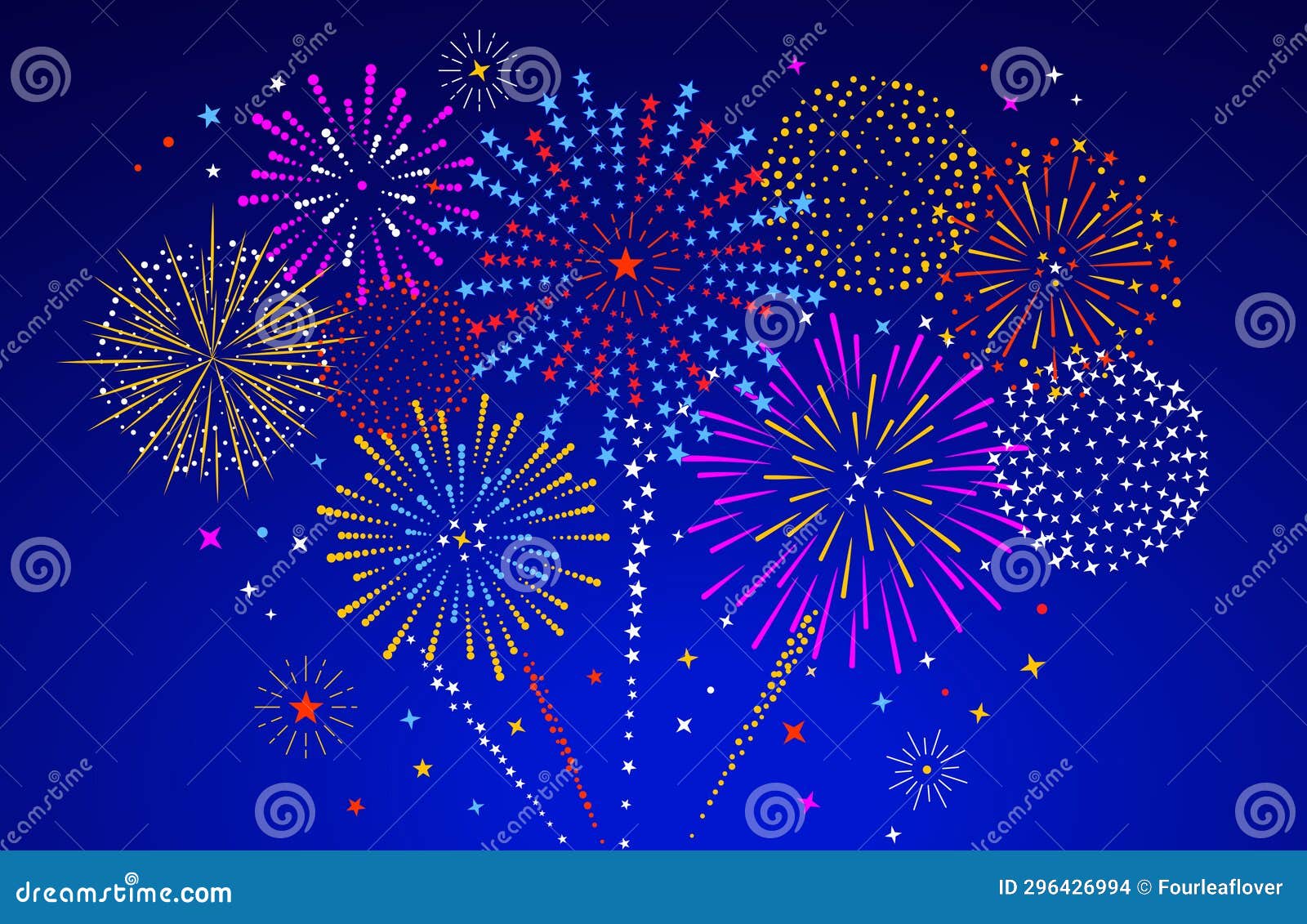 Colourful Fireworks Display on Blue Background. Full Vector ...
