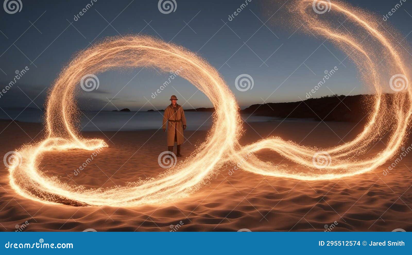 Fireworks on the Beach _A Fire Artist with a Fire Rope that Forms a ...