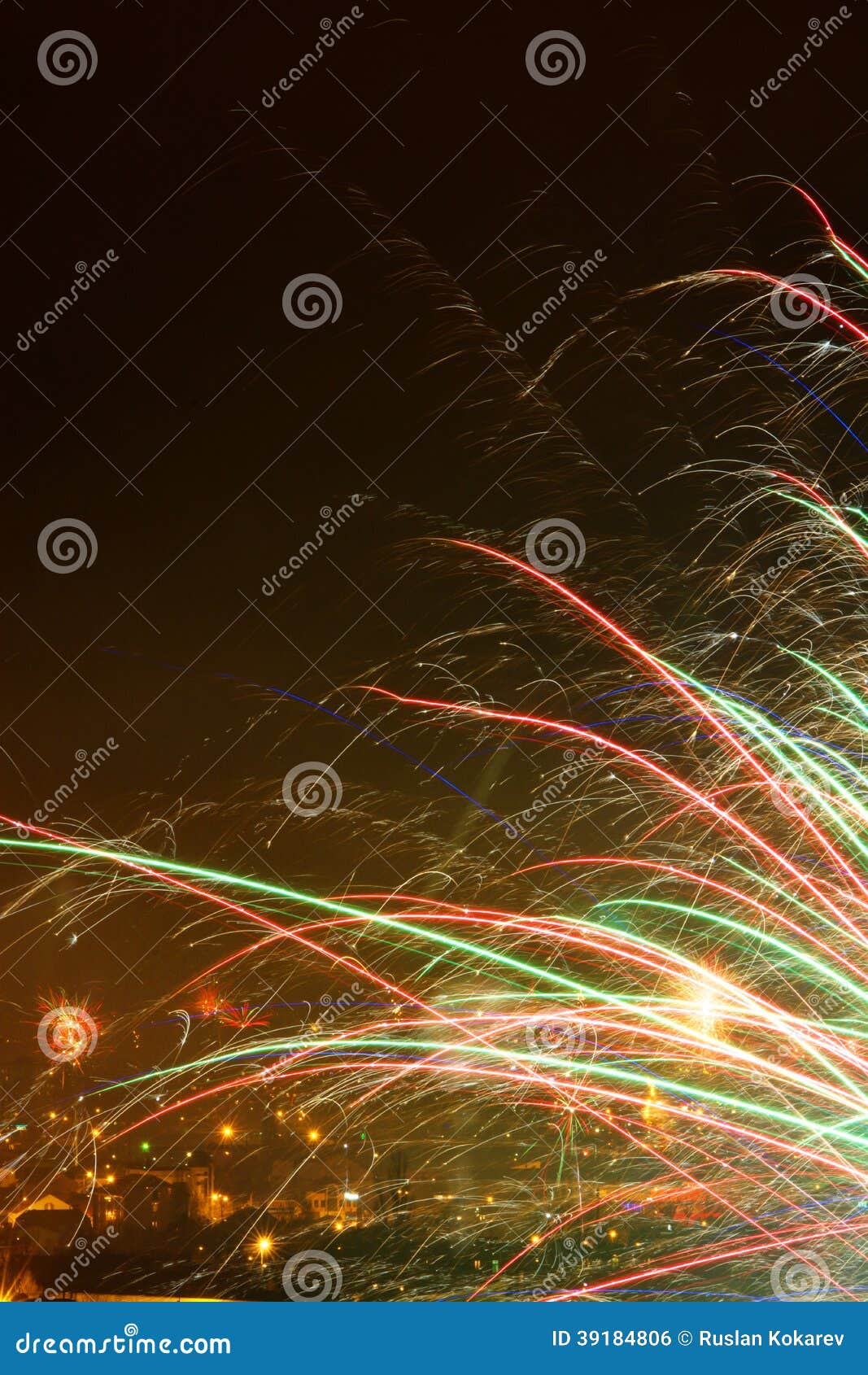 Fireworks. stock photo. Image of light, green, cityscape - 39184806