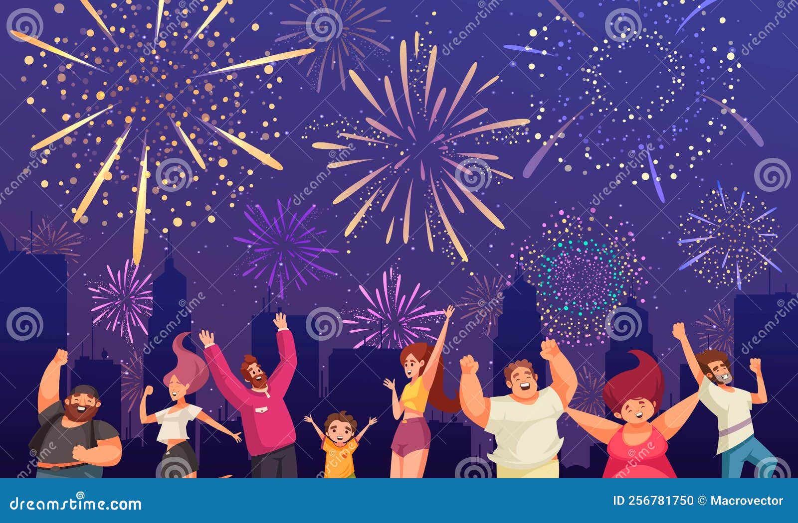 Fireworks Cartoon Composition Stock Vector - Illustration of date ...