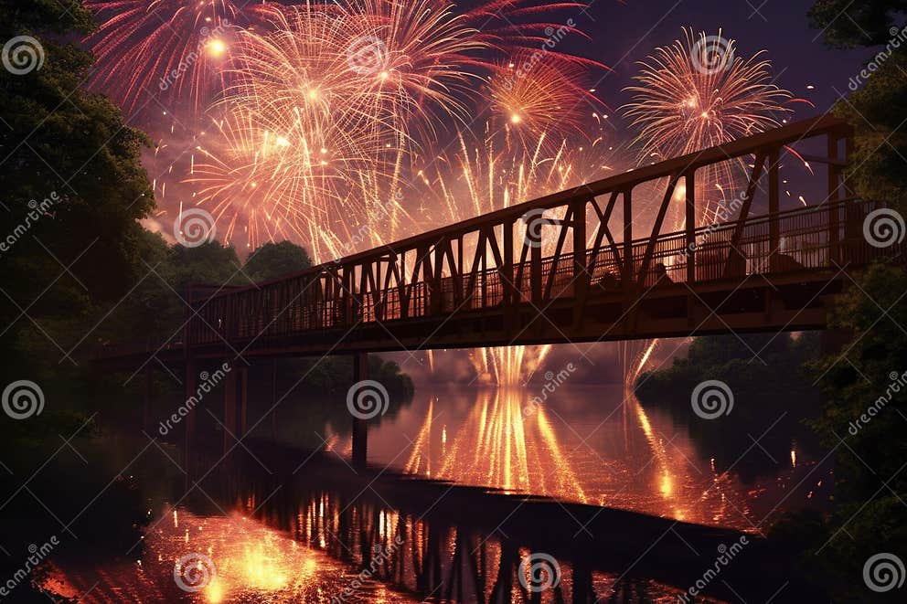 Fireworks Cascading Over a Bridge during an Event Stock Illustration ...