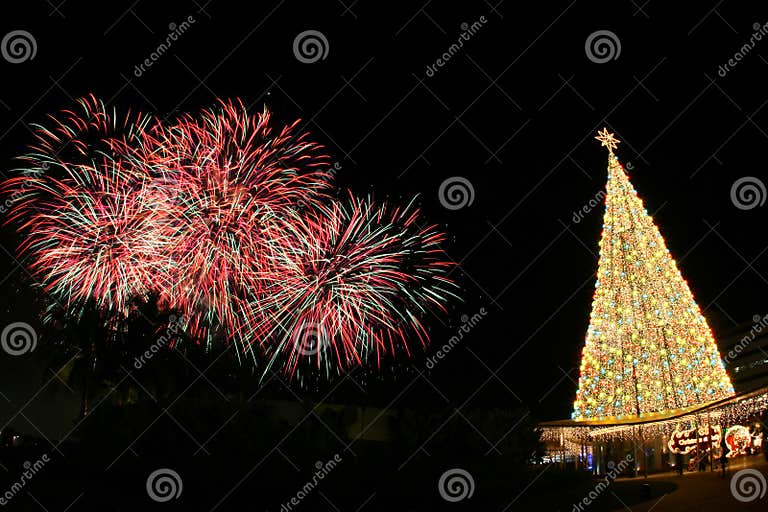 Fireworks and Christmas Tree Stock Image - Image of trails, spectacular ...