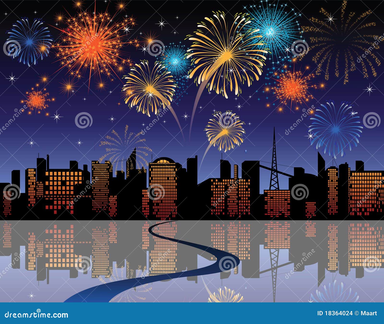 Fireworks in the city stock vector. Illustration of party - 18364024