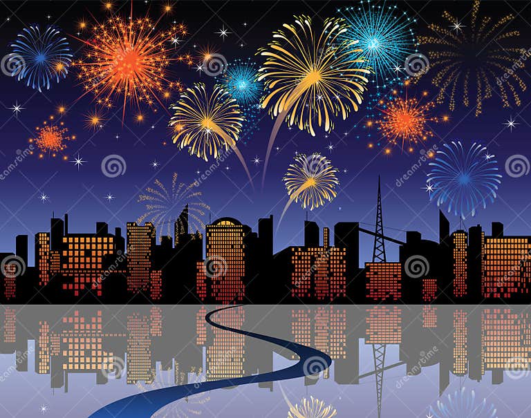 Fireworks in the city stock vector. Illustration of party - 18364024