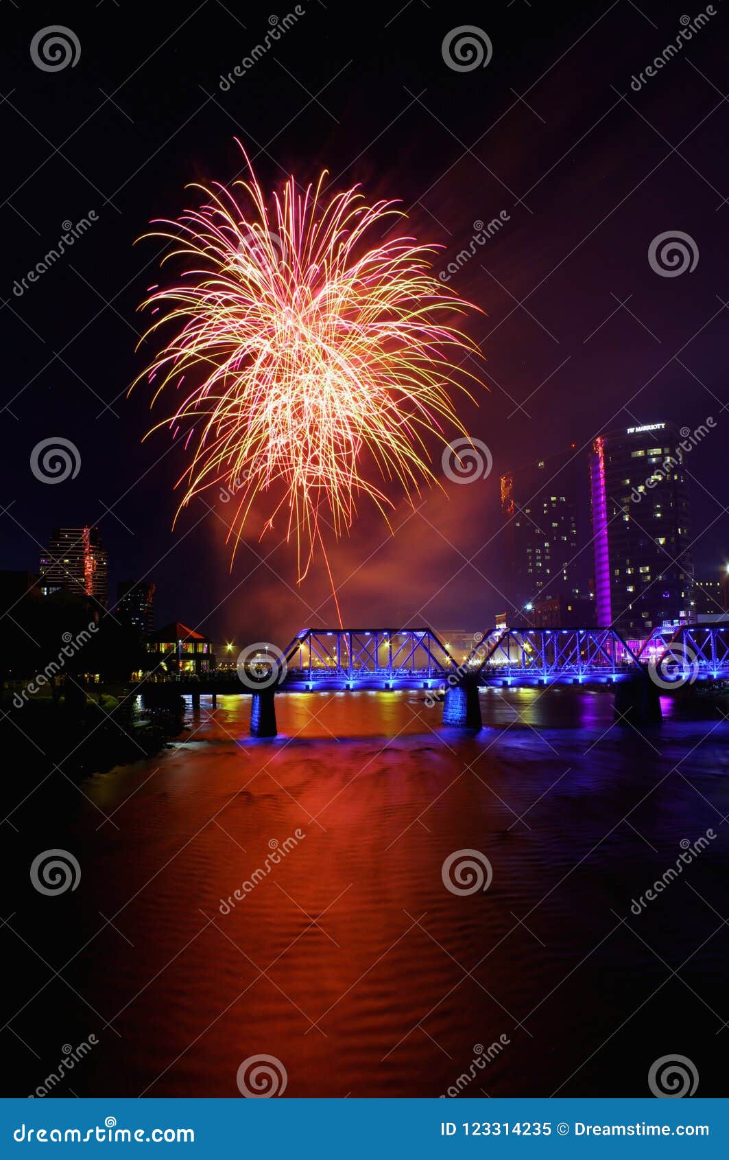 Fireworks in the City Over the Bridge Editorial Image - Image of ...