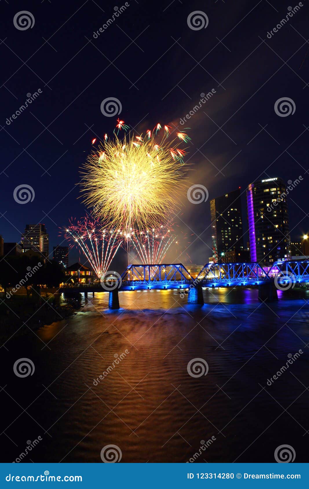 Fireworks in the City Over the Train Bridge Editorial Image - Image of ...