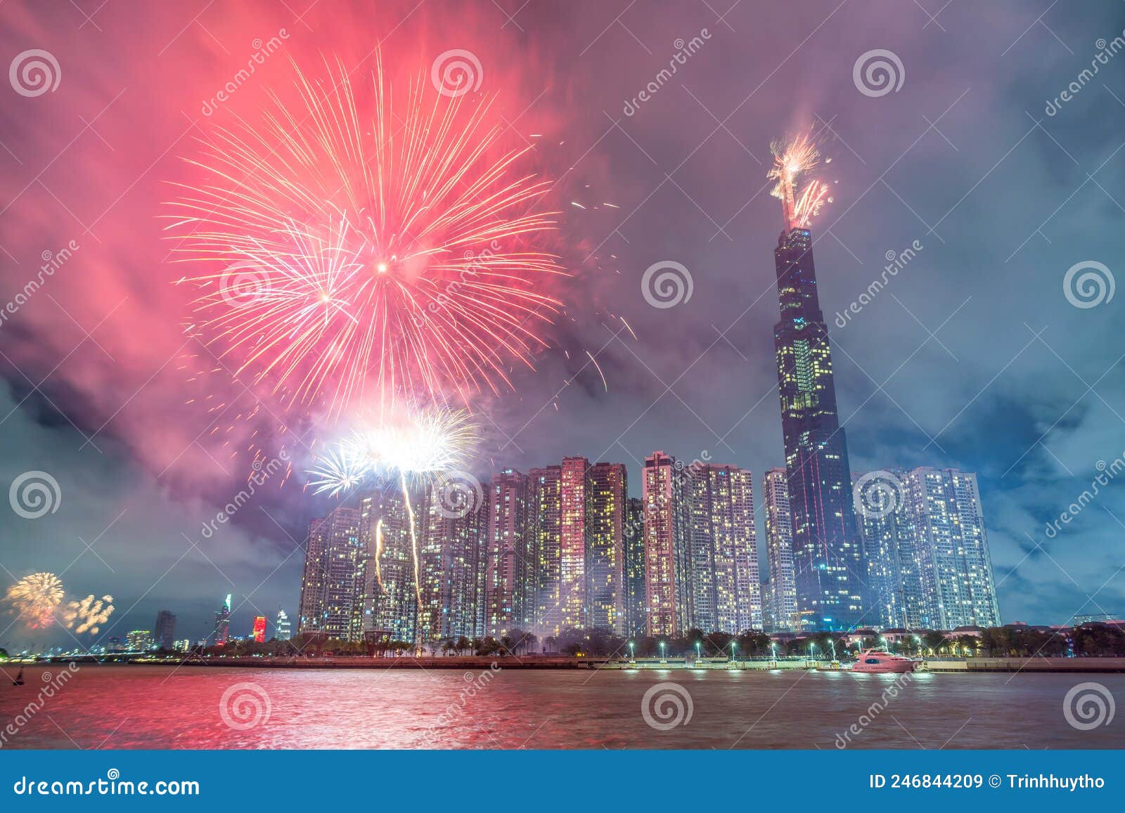 Fireworks on the Riverbank of Saigon City, Vietnam Stock Image - Image ...
