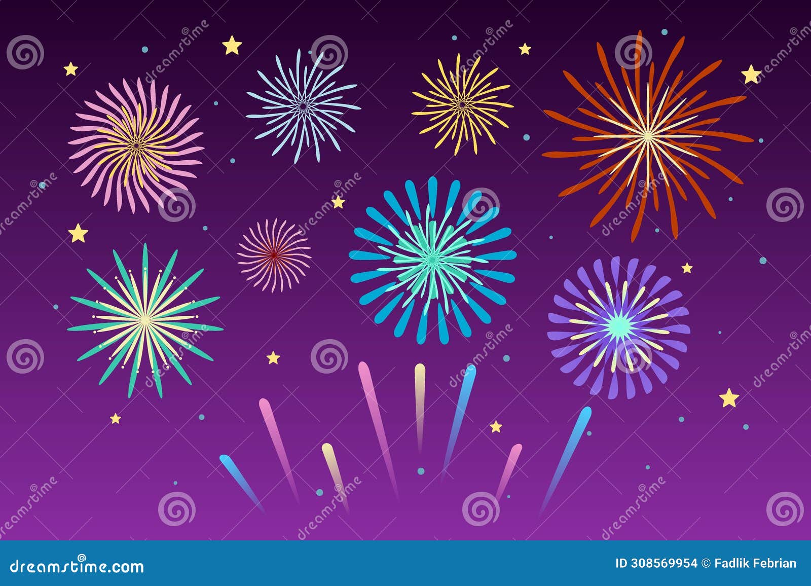 Fireworks Composition at the Night on Purple Gradient Background ...