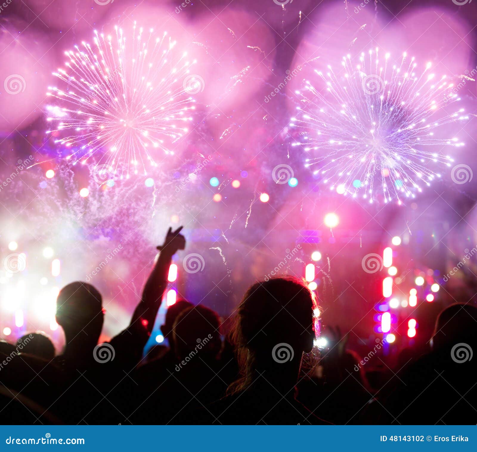 Fireworks and Crowd Celebrating the New Year Stock Photo - Image of ...