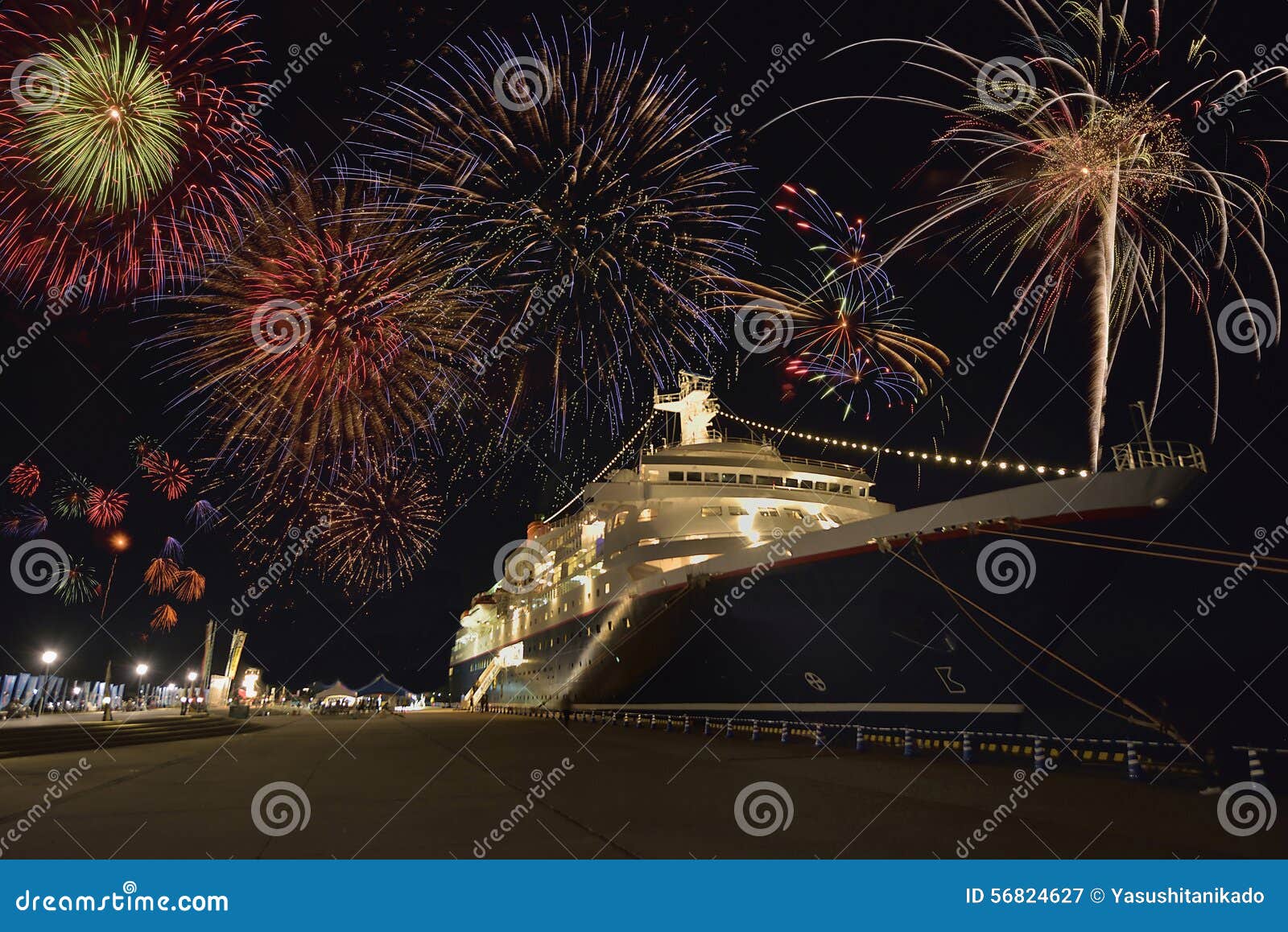 Fireworks with cruise ship stock image. Image of night - 56824627