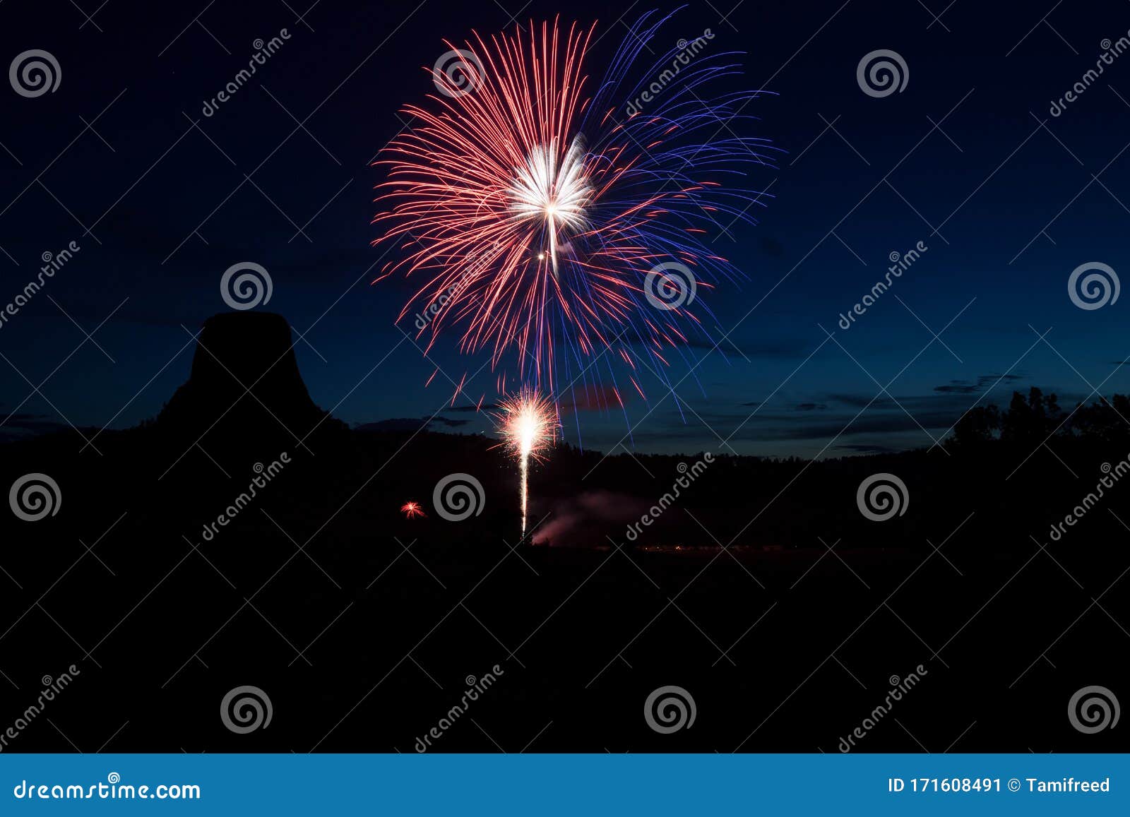 Fireworks by Devils Tower stock image. Image of season - 171608491