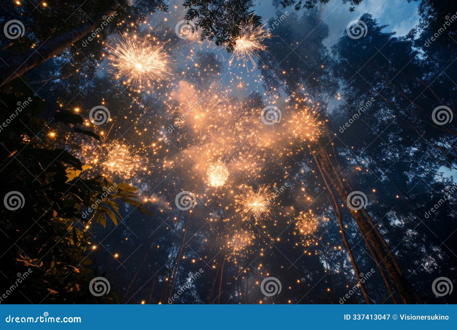 Fireworks Display in a Dense Forest at Night Stock Illustration ...