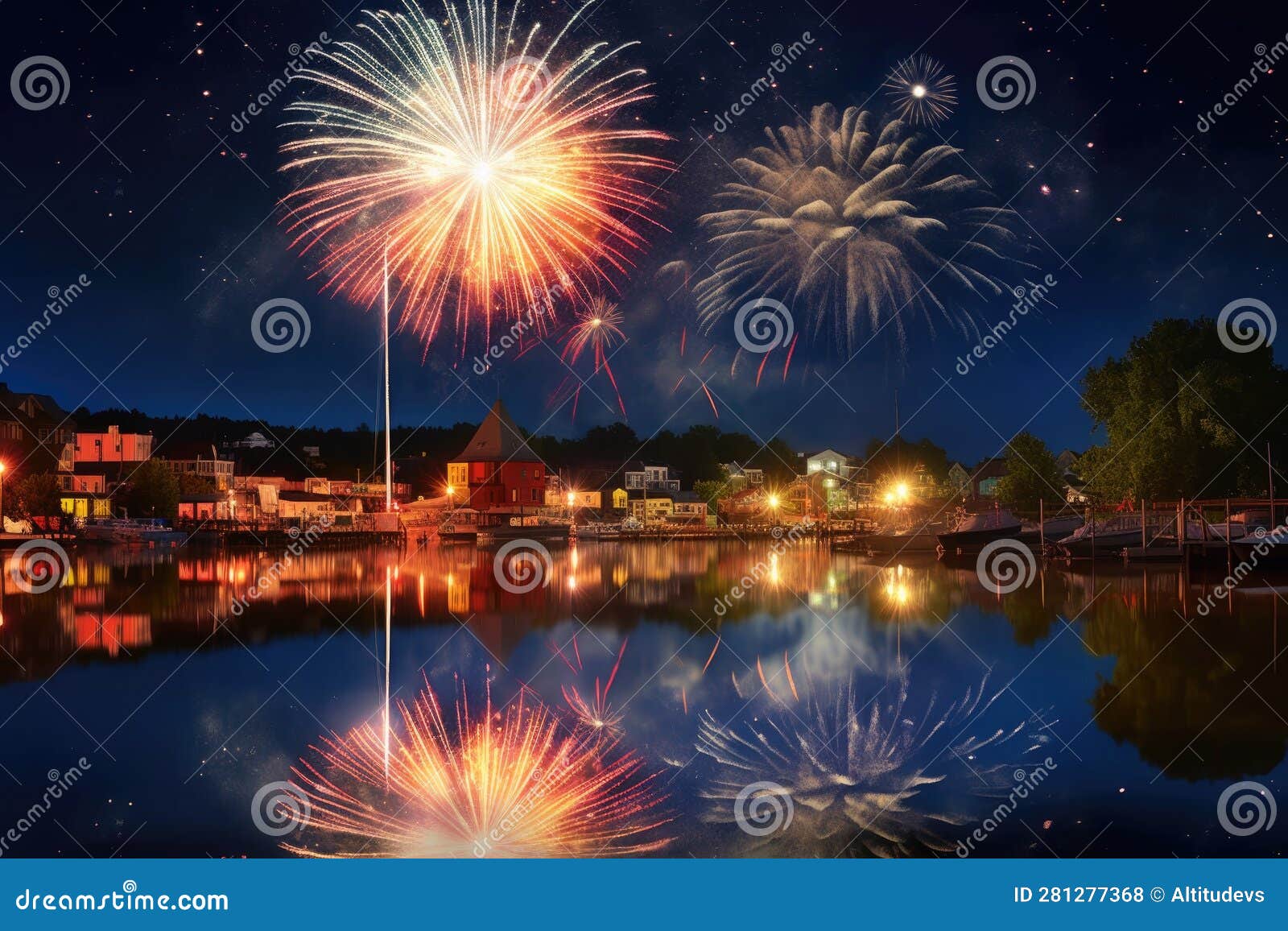 Fireworks Display with a Full Moon Backdrop Stock Illustration ...