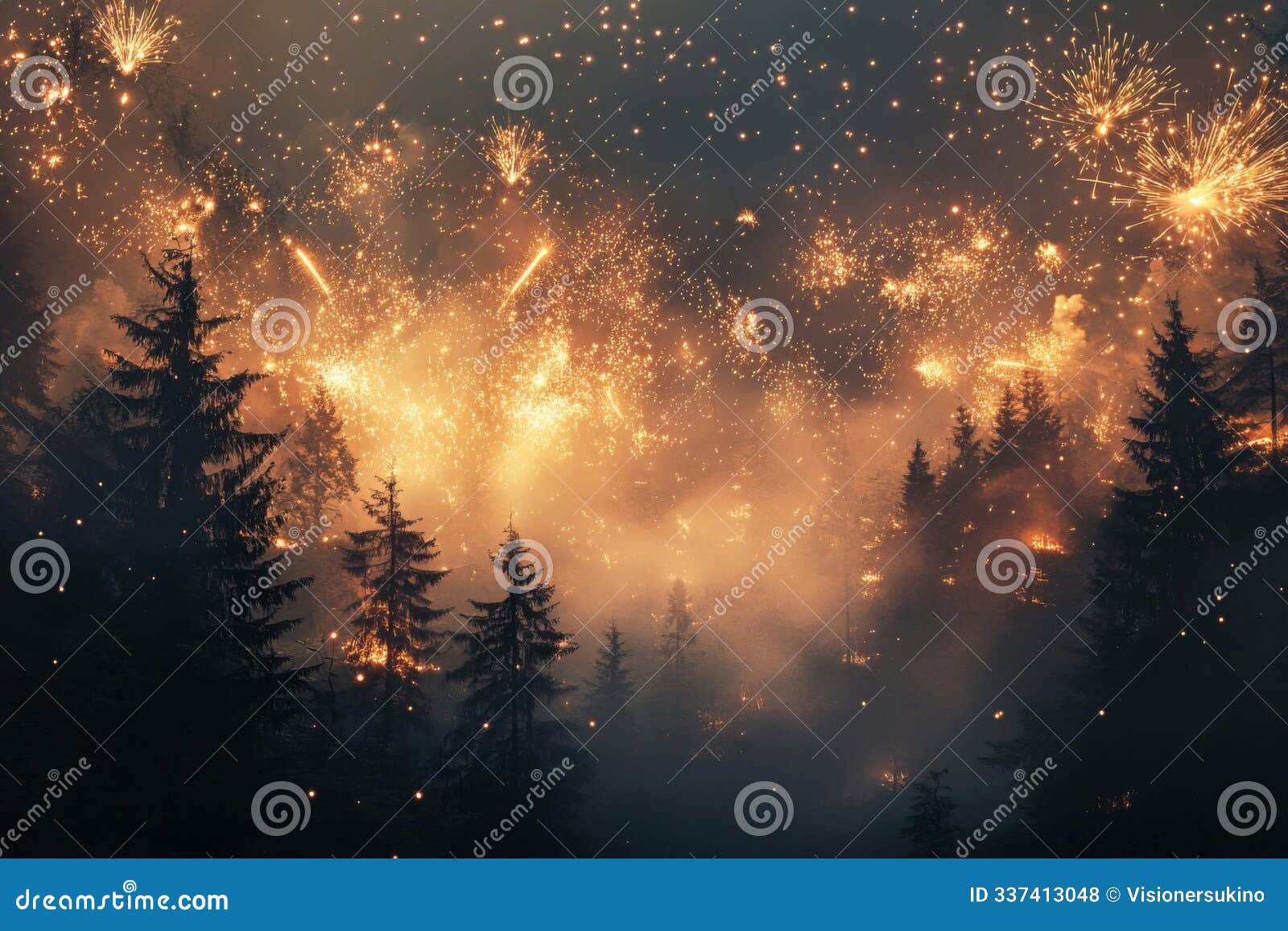 Fireworks Display Over a Foggy Forest at Night Stock Illustration ...