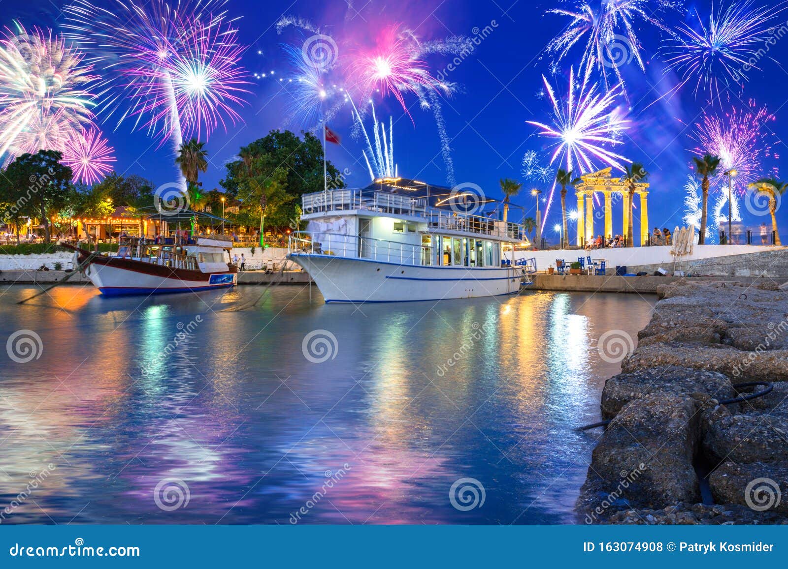 Fireworks Display Over the Harbour with Boats in Side, Turkey Stock ...
