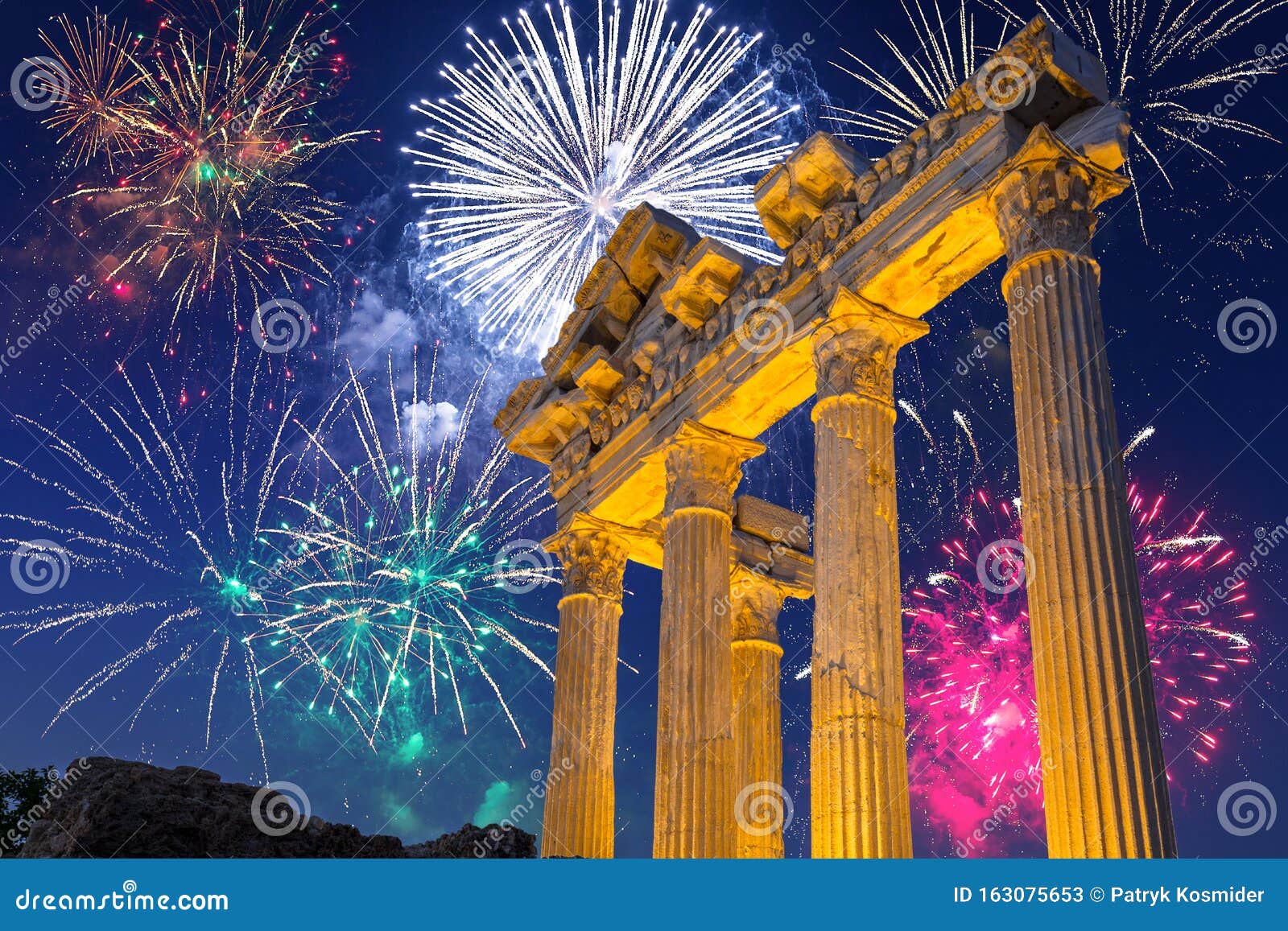 Fireworks Display Over the Temple of Apollo in Side, Turkey Stock Image ...