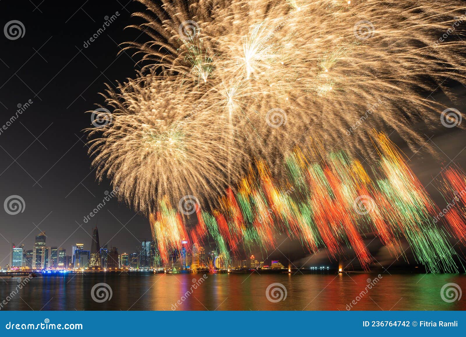 Fireworks in the Doha Corniche, Doha, Qatar. Stock Photo - Image of ...