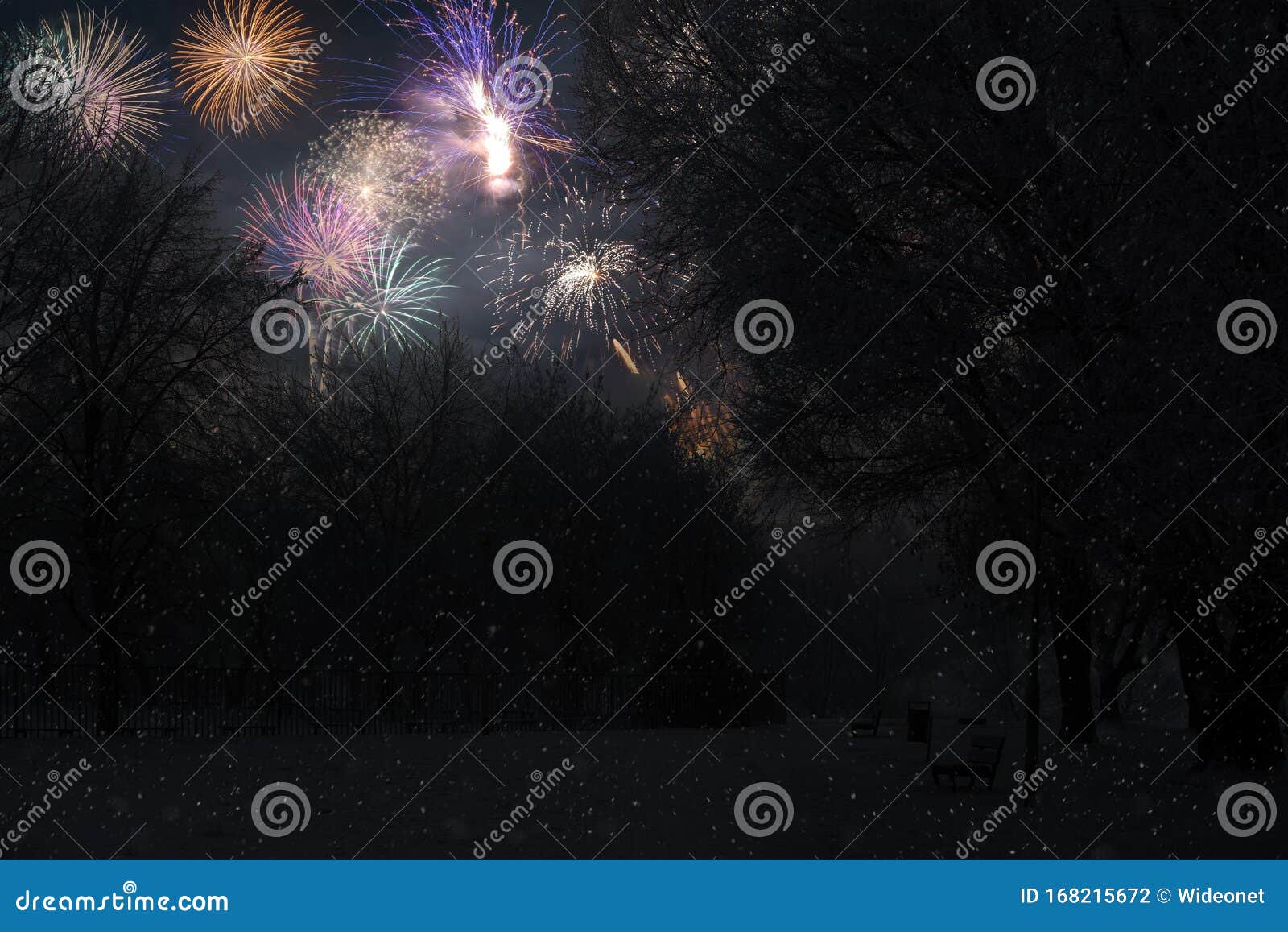 Fireworks at the End of the Year, View from the Park in the Snow Stock ...