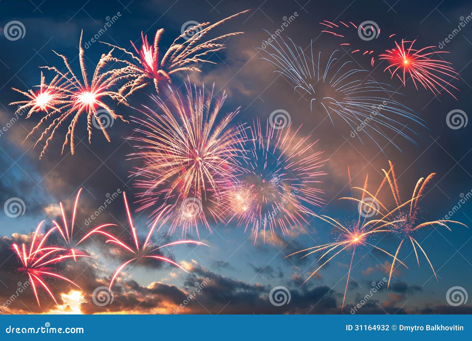 Fireworks in the Evening Sky with Clouds Stock Photo - Image of ...
