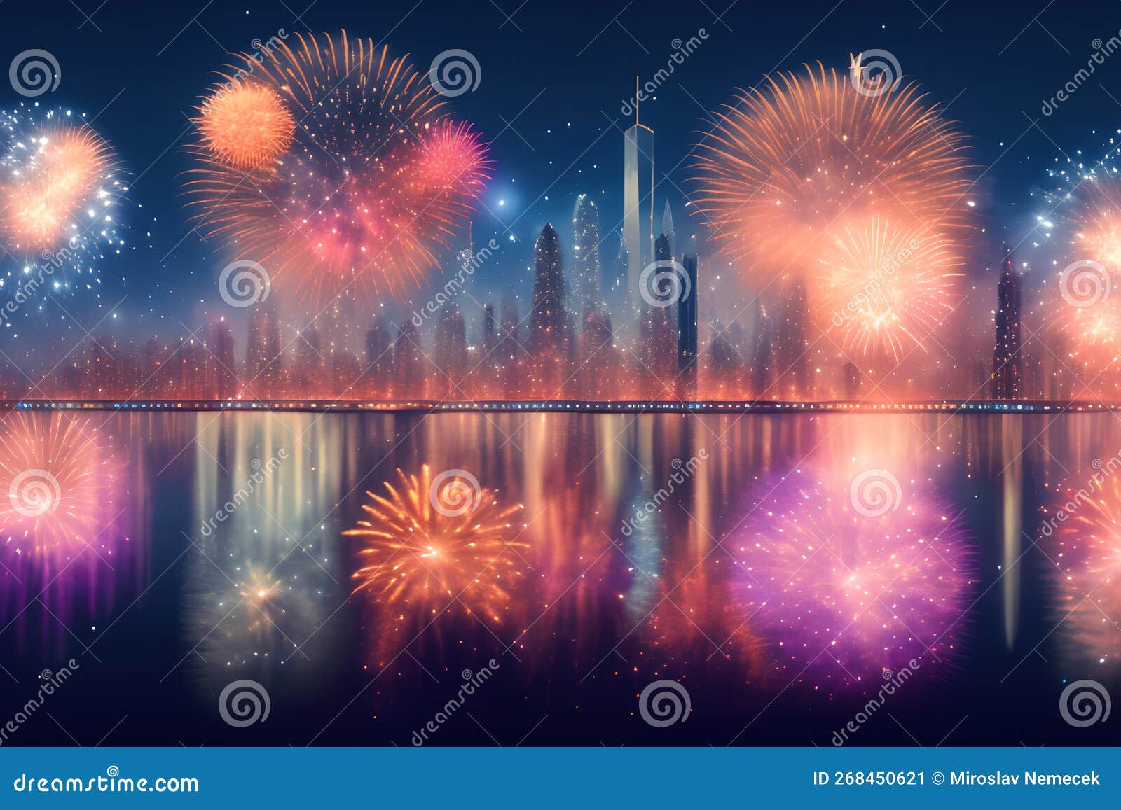 Fireworks Exploding Over City Skyline, Generative AI Illustration Stock ... Fireworks Exploding Over City Skyline, Generative AI Illustration Stock ...